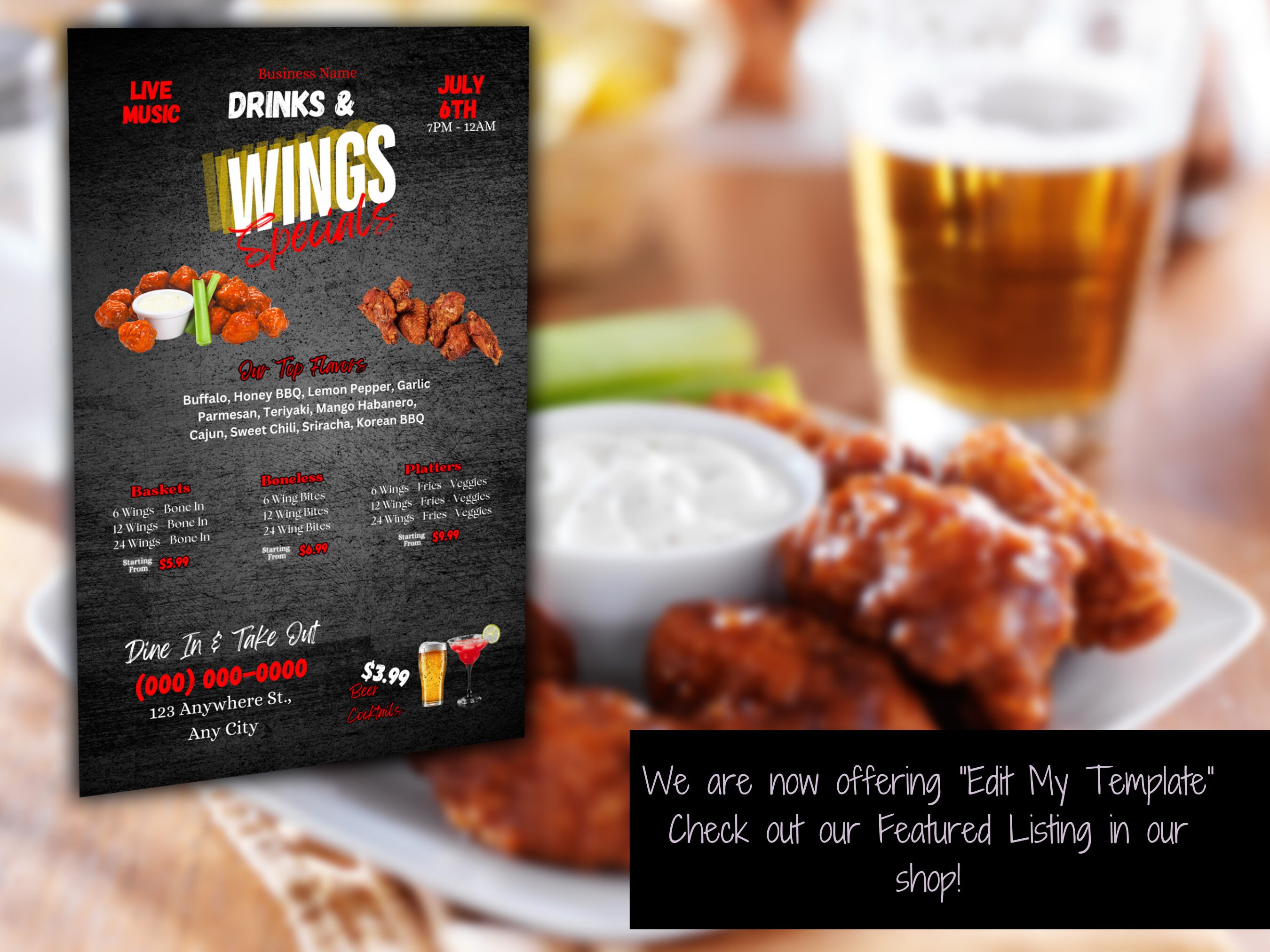 Drinks and Wings Specials Printable Flyer Template Restaurant Food ...