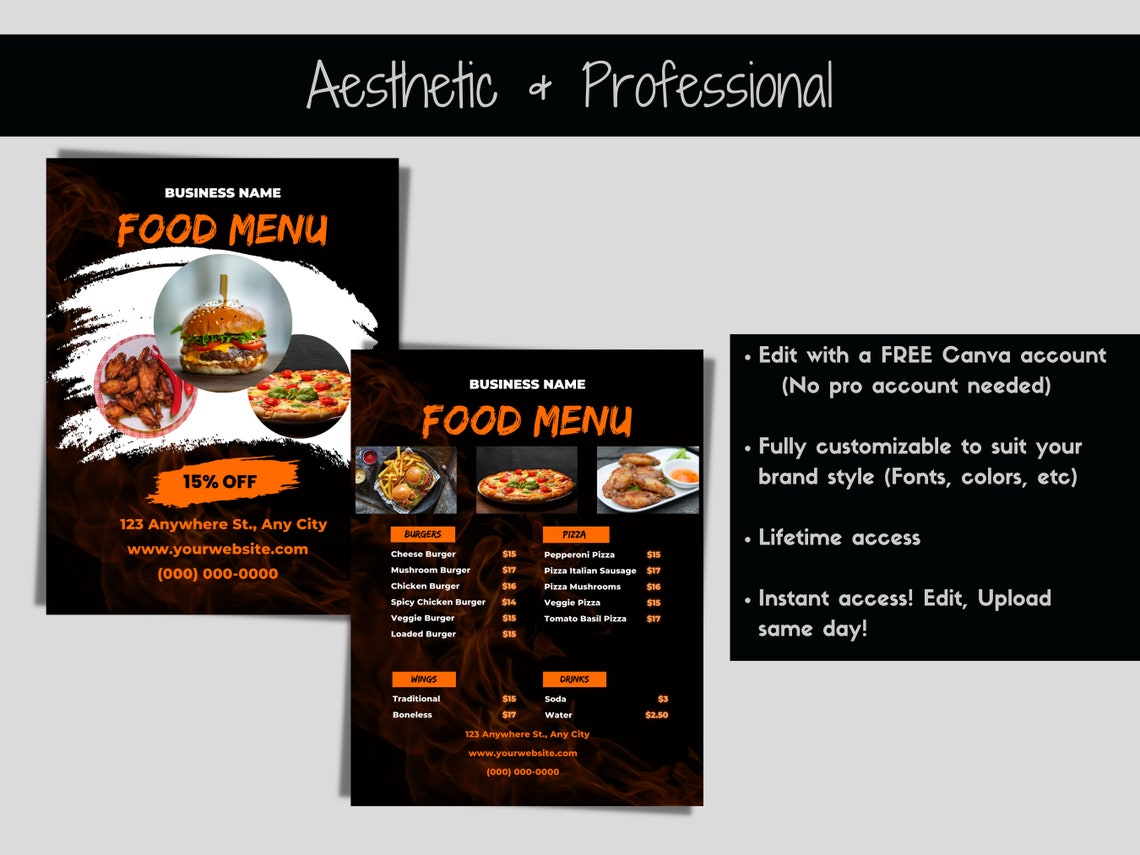 Printable Food Menu Flyer Template 2 Sided Food Menu Template - Etsy Canada