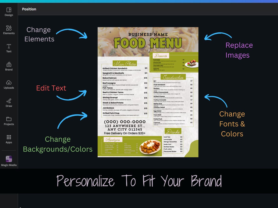 Printable Food Menu Template | Restaurant Flyer (editable Canva) - Etsy