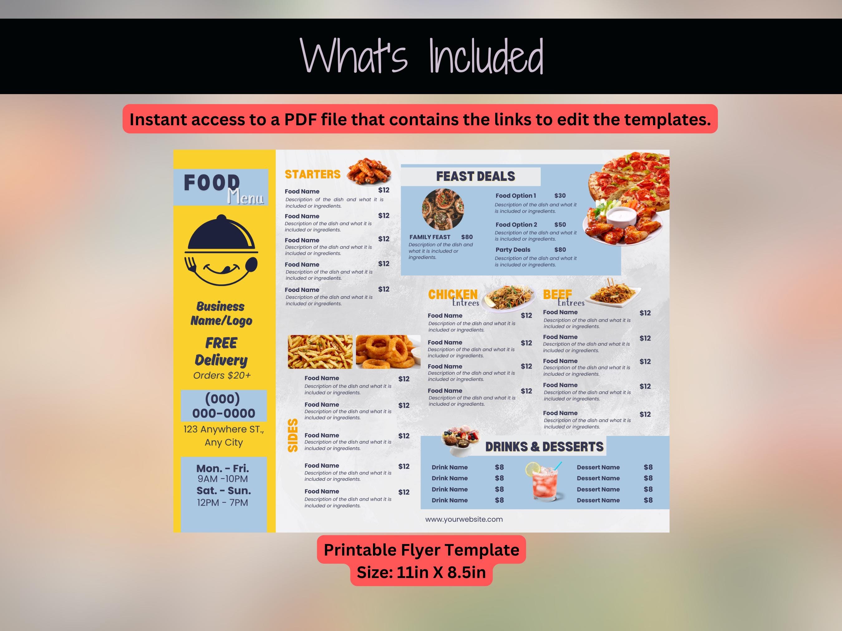 Printable Food Menu Template, Editable Restaurant Pricelist (11x8.5in ...