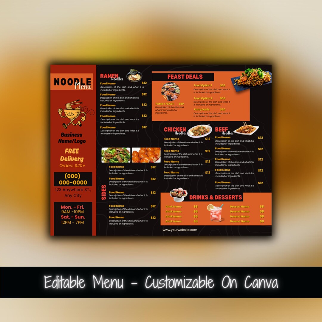 Printable Noodle Menu Template Editable Food Menu Template Restaurant ...