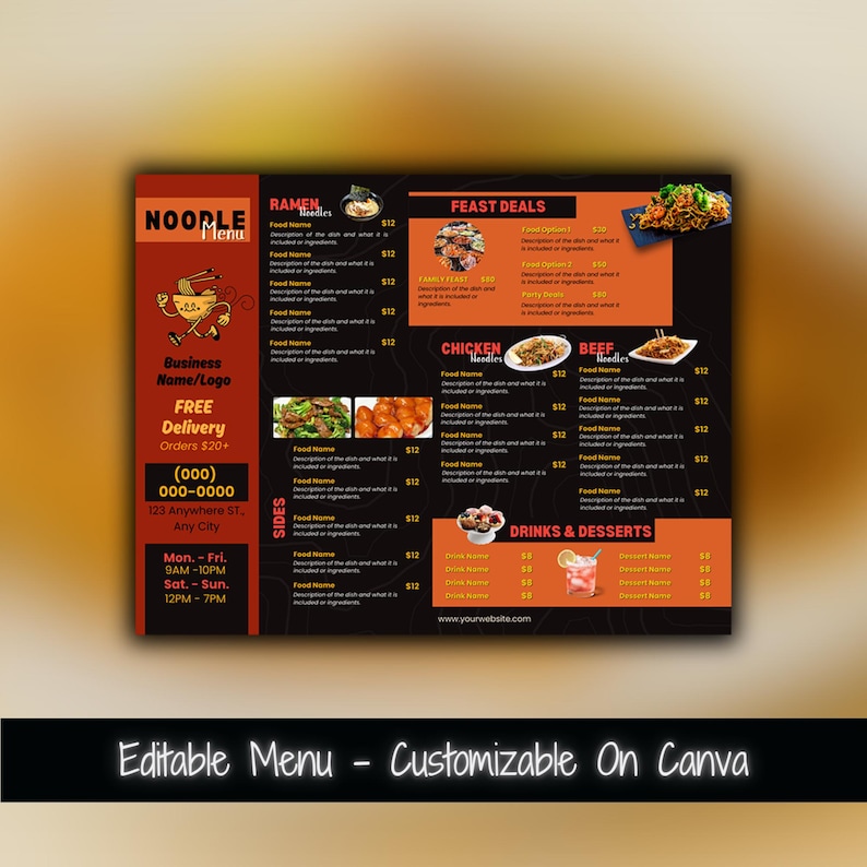 Printable Noodle Menu Template Editable Food Menu Template Restaurant ...