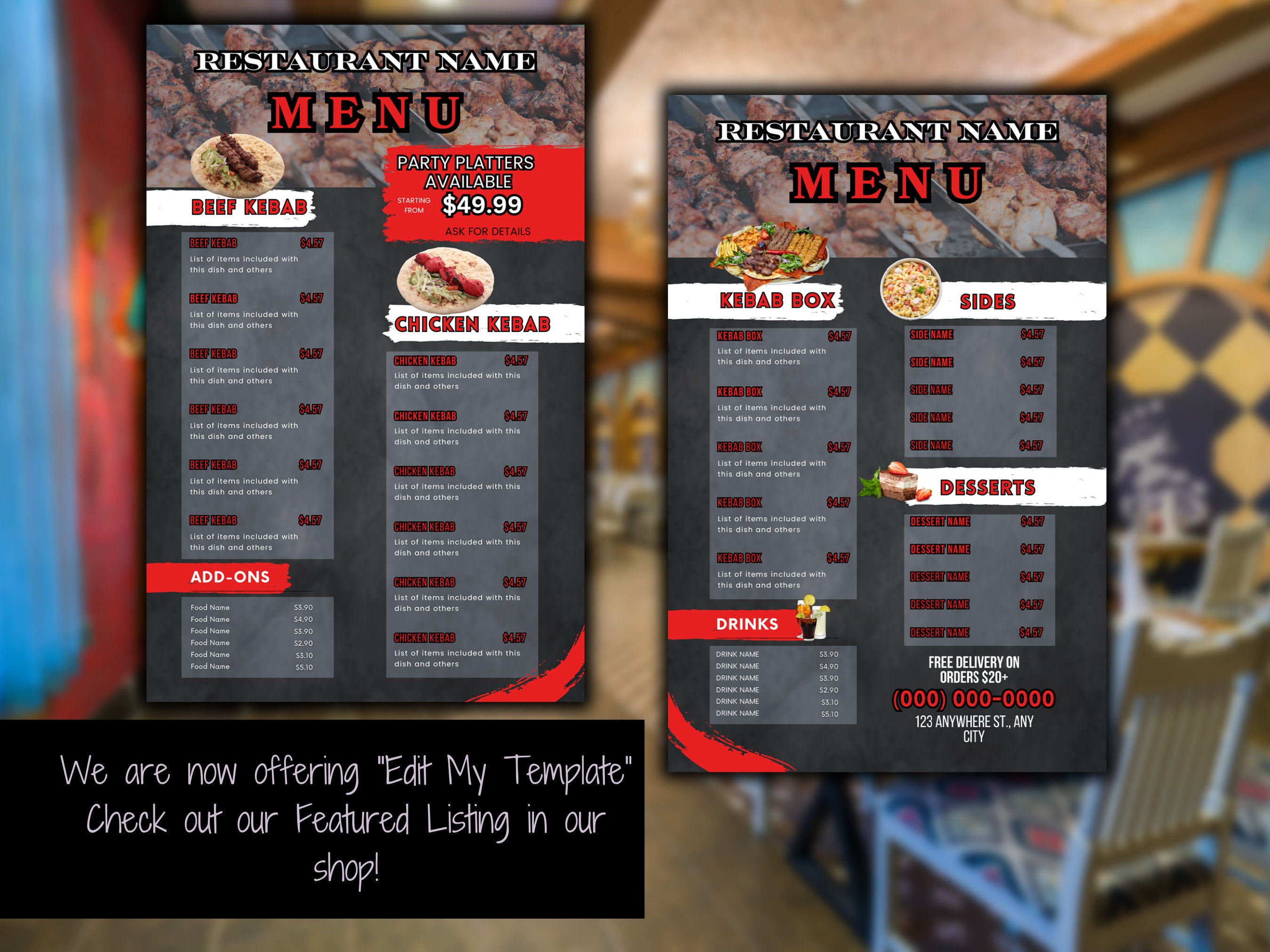 Printable Double Sided Food Menu Editable Food Menu Template Kebab Menu ...