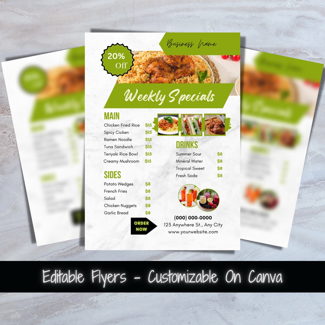 Editable Flyer Weekly Specials Printable Food Menu Restaurant Menu ...
