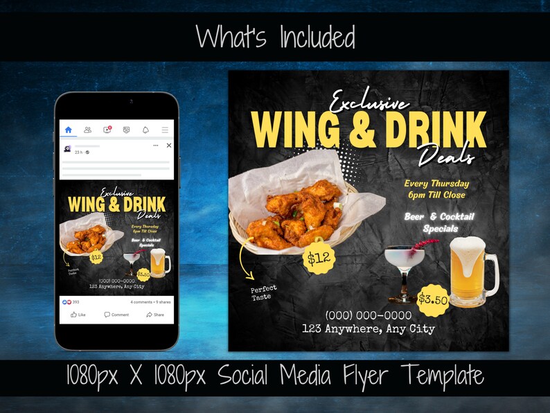 Wing & Drink Specials Flyer, Bar Restaurant Template (editable Canva ...