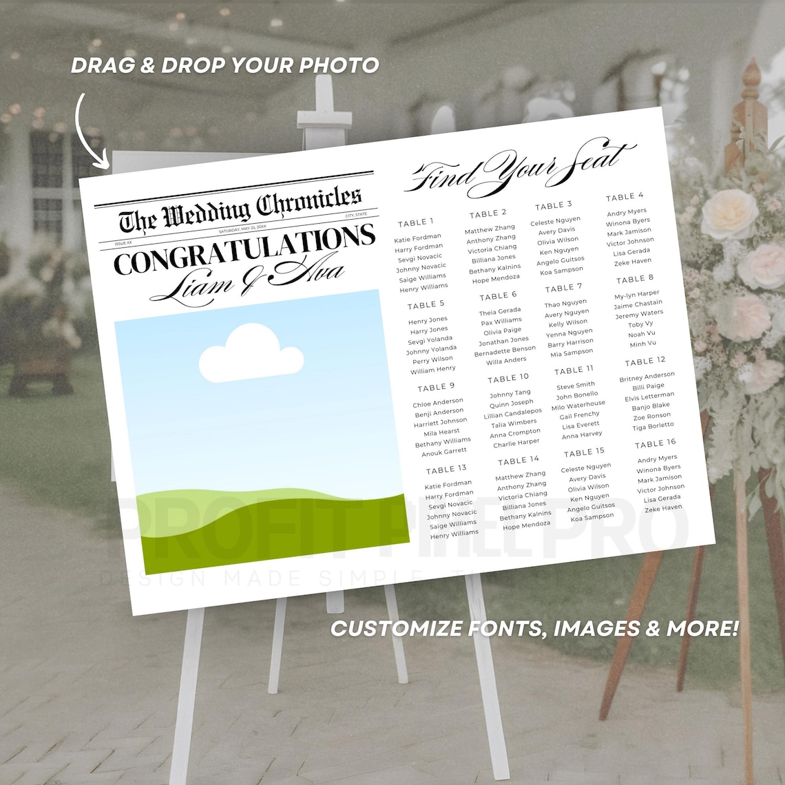 Wedding Newspaper Seating Chart Template: Editable Table Plan (digital ...