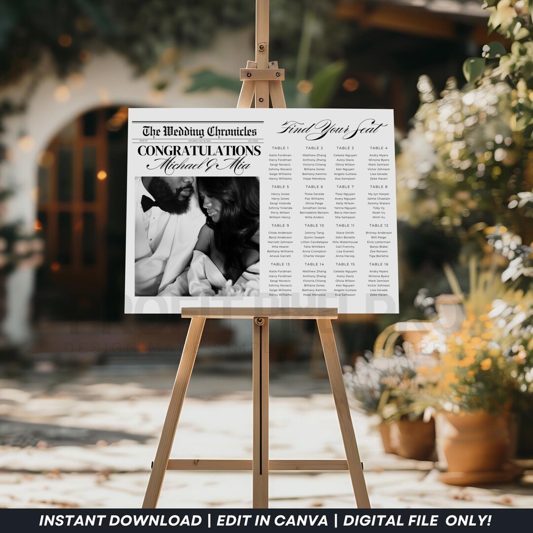 Wedding Newspaper Seating Chart Template: Editable Table Plan (canva ...