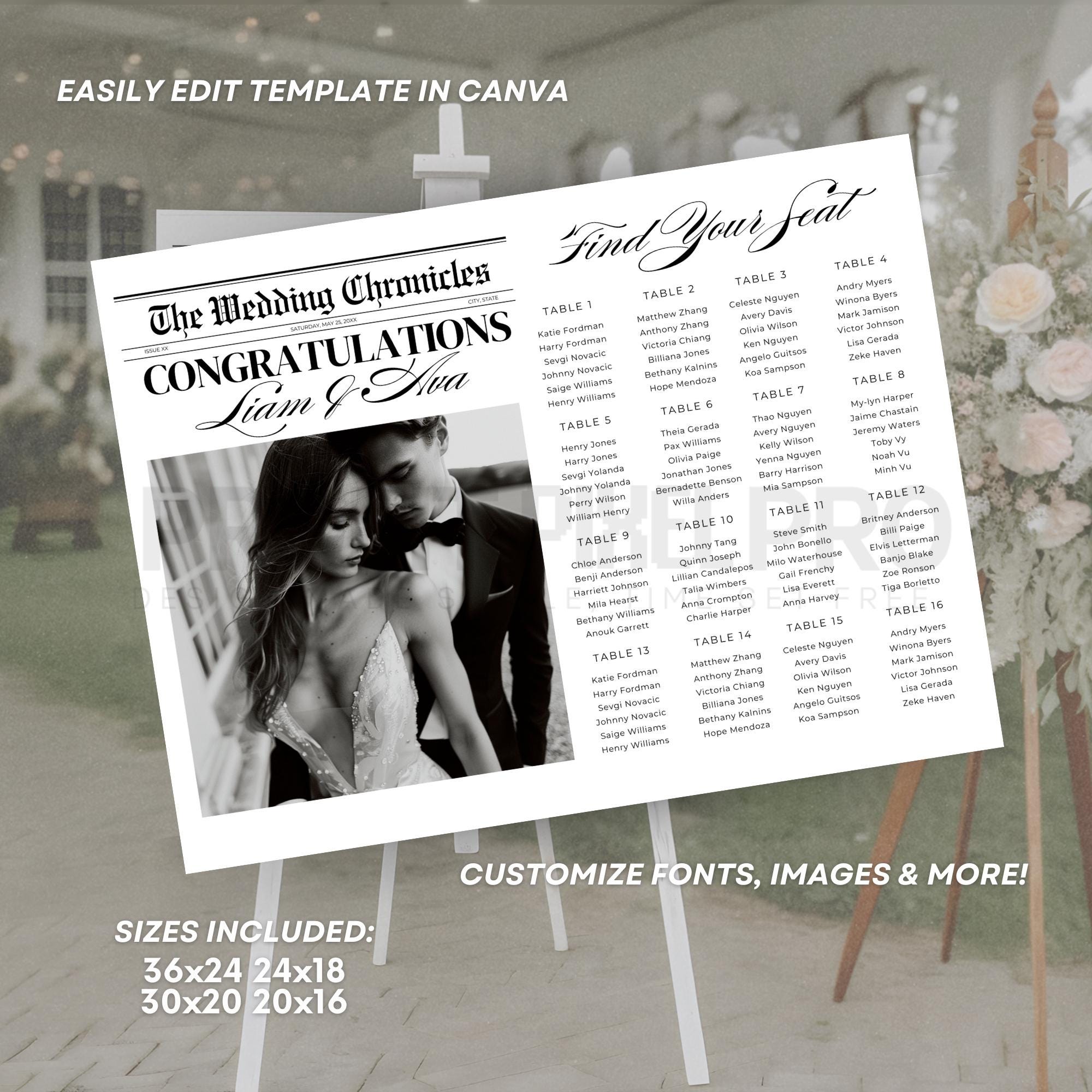 Wedding Newspaper Seating Chart Template: Editable Table Plan (digital ...