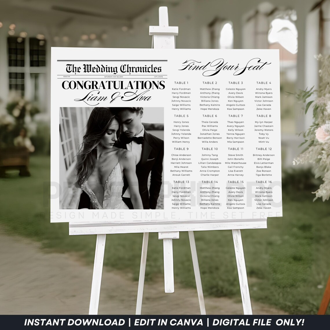 Wedding Newspaper Seating Chart Template: Editable Table Plan (digital ...