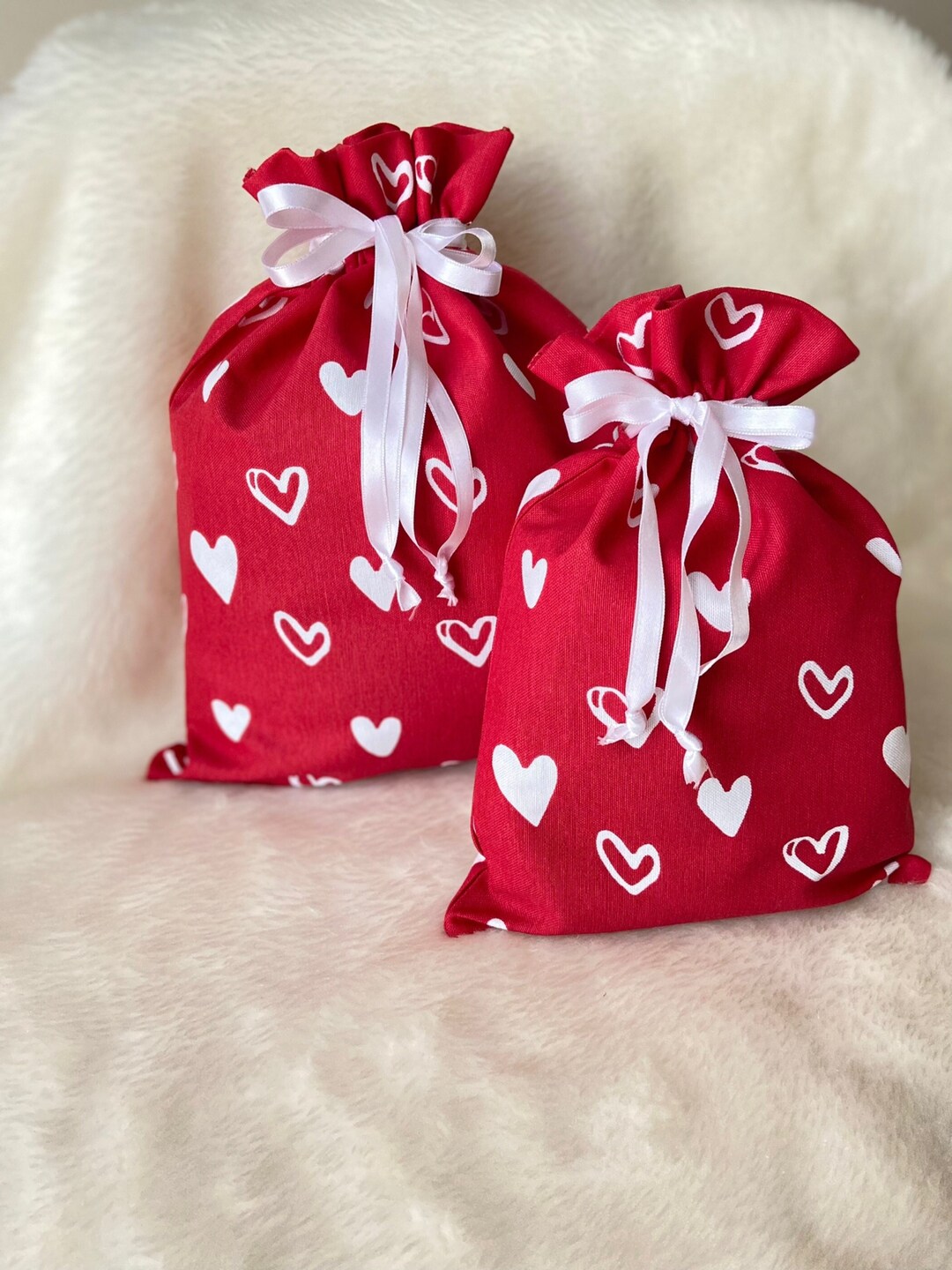 Heart Design Linen Gift Bag: Reusable Red Drawstring Fabric Bag - Etsy