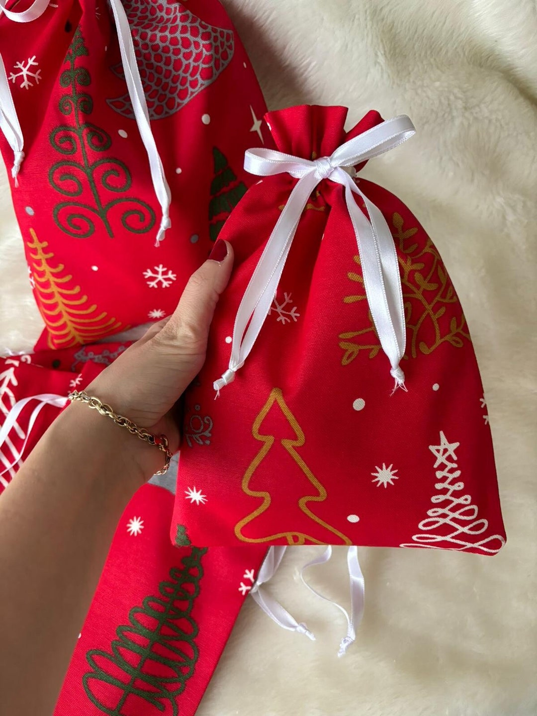 Christmas Tree Red Fabric Gift Bag, Reusable Xmas Drawstring Sack - Etsy
