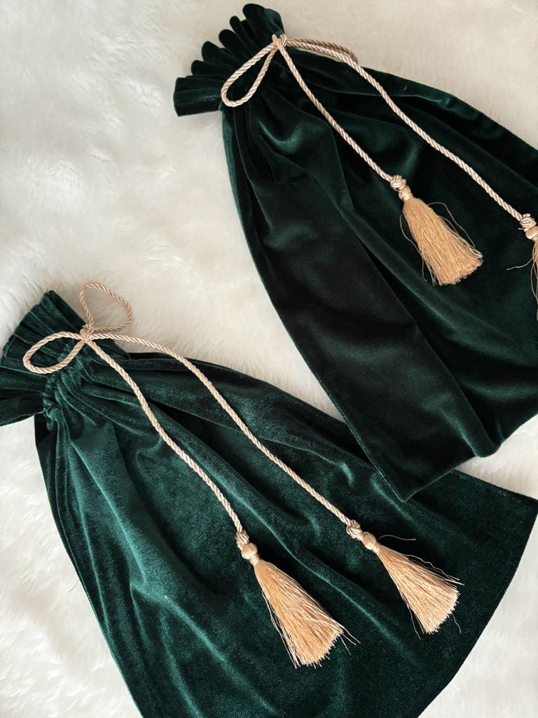 Handmade Velvet Christmas Gift Bag, Green & Gold Drawstring, Reusable ...