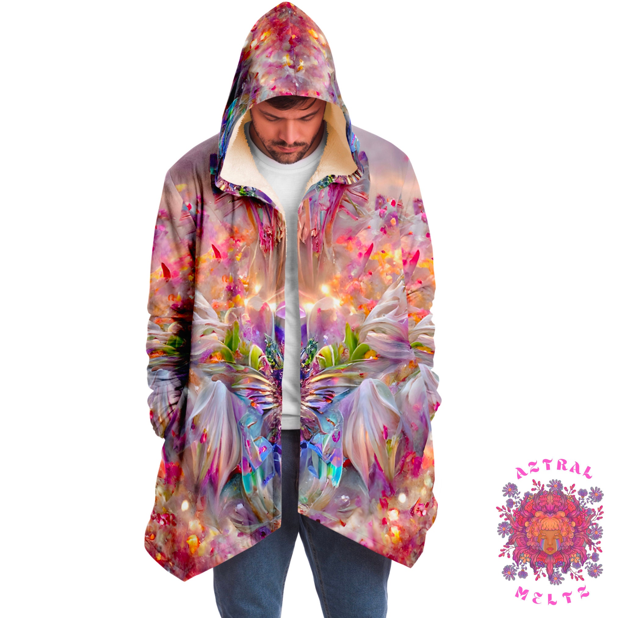Psychedelic Rave Hooded Cloak, Colorful Fantasy Coat, Festival Sherpa ...