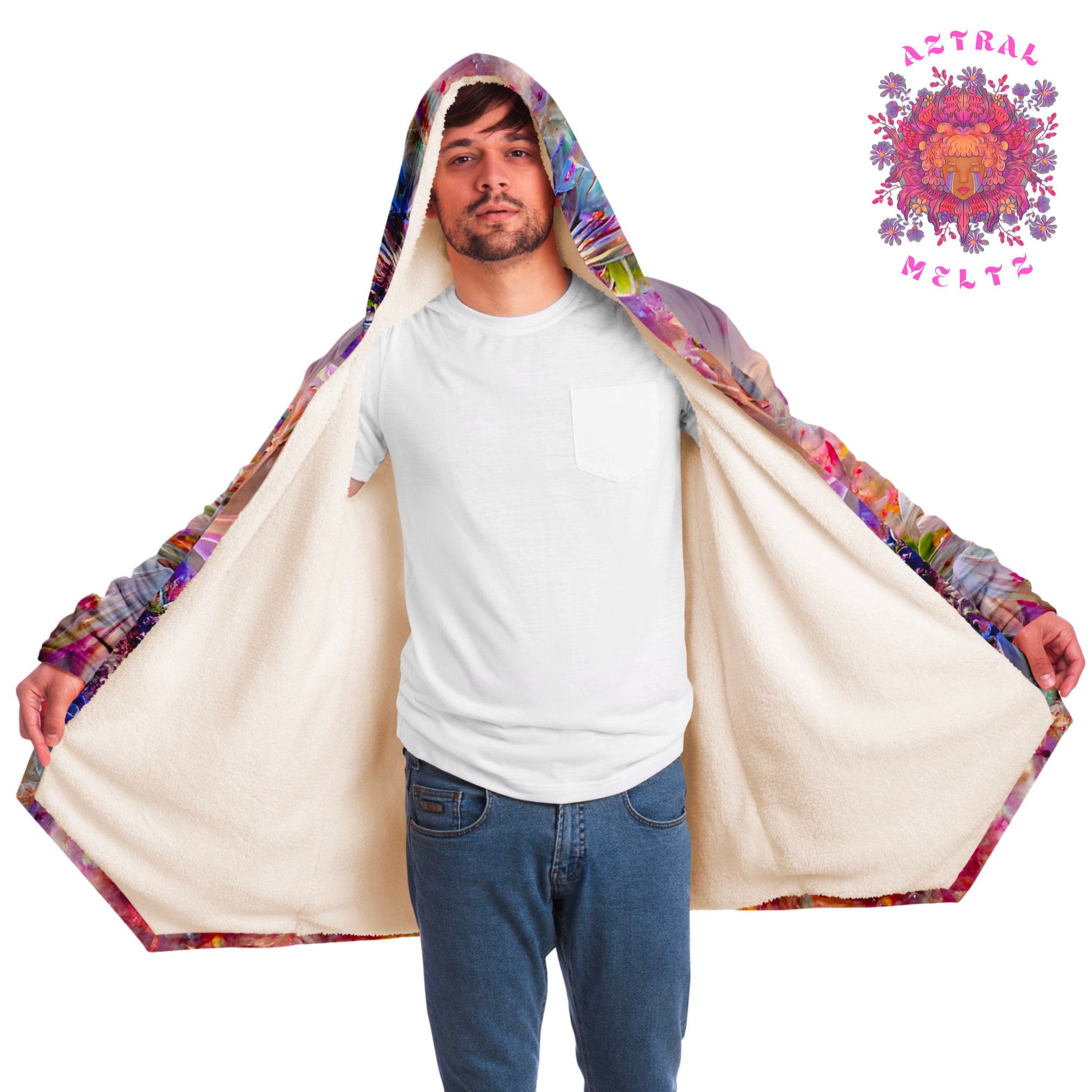 Psychedelic Rave Hooded Cloak, Colorful Fantasy Coat, Festival Sherpa ...