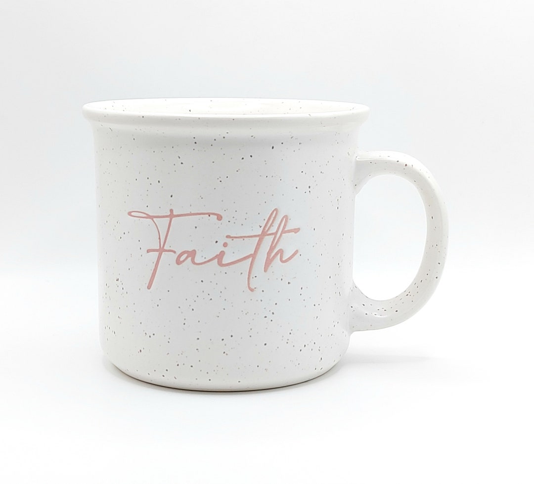 FAITH Coffee Tea Mug Cup 18 Oz Ceramic White Pink Cursive Lettering ...