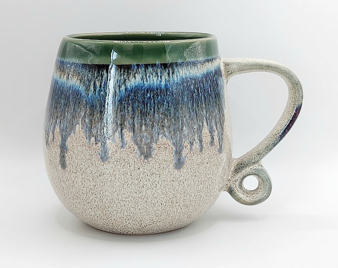 Artisanal Coffee Tea Mug Cup Ceramic 20 Oz, Fire Glazed Top Green & Blue Tones, Farmhouse Style ...
