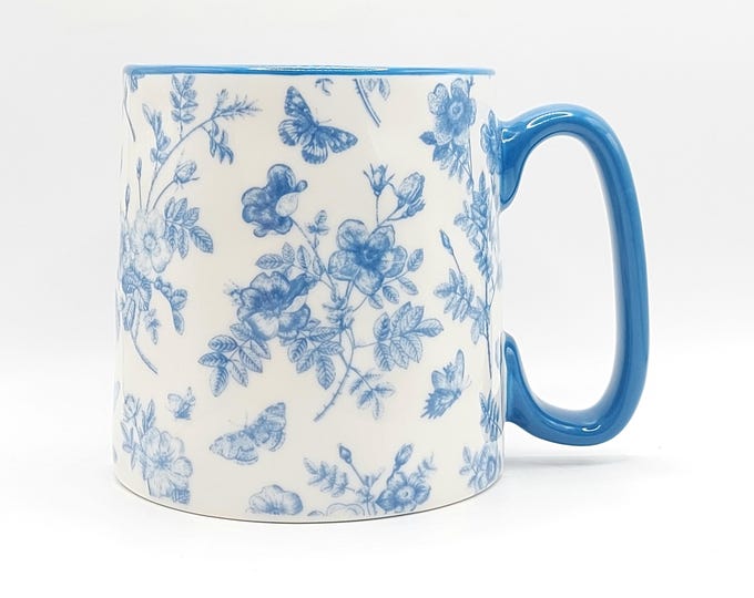 Blue Flowers and Butterflies Coffee Tea Mug Cup 14 Oz Ceramic, Floral ...