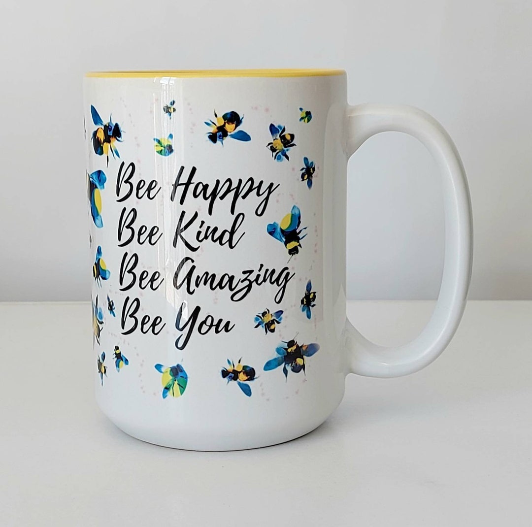 BEE HAPPY Coffee Tea Mug Cup 15 Oz Ceramic Multicolor by Mugzan NEW - Etsy