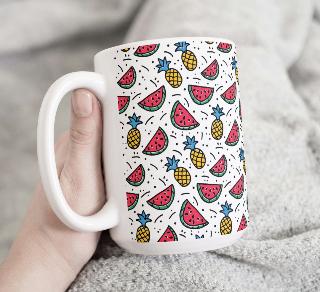 Tropical Fruits 15 Oz Mug, Cartoon Pineapple & Watermelon Coffee ...