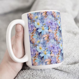 Soft Purple Flowers Painted Style Coffee Tea Mug Cup 15 Oz Ceramic ...