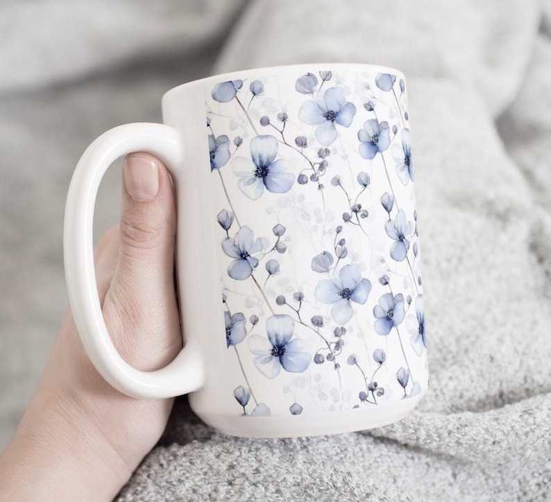 Watercolor Blue Flowers Coffee Tea Mug Cup 15 Oz Ceramic, Rock Cress ...
