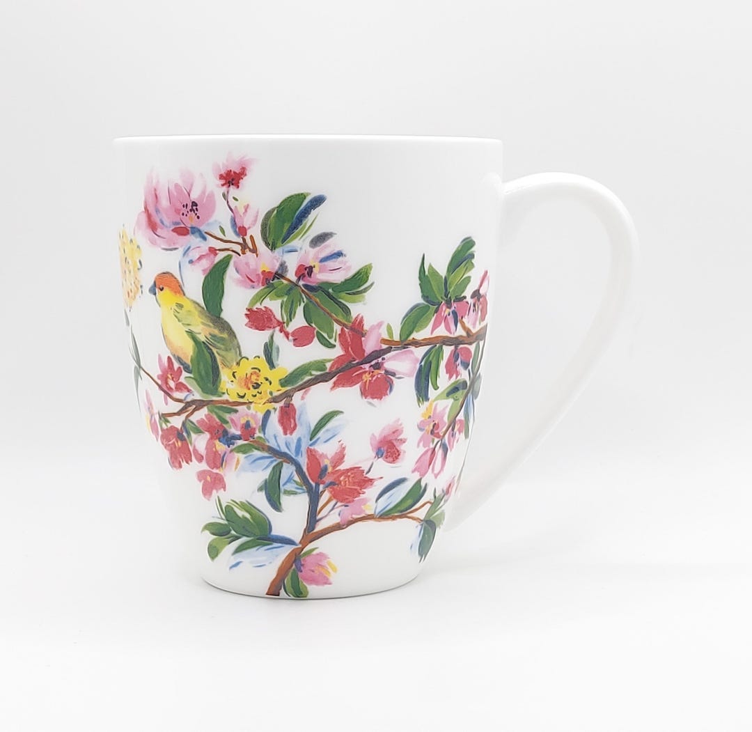 Tropical Garden & Birds Coffee Mug 12 Oz Bone China, Floral Pattern Cup ...