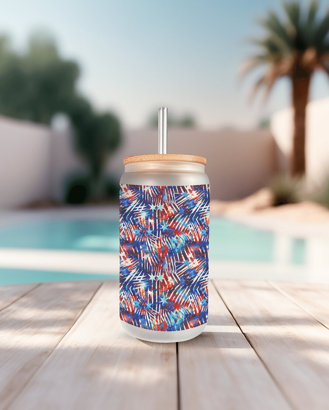 4th of July Frosted Glass Can, 16 Oz Tumbler Stars & Stripes Fireworks ...