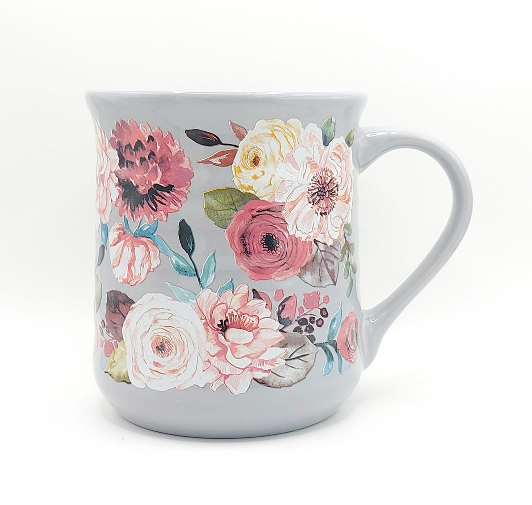 Pink Roses Garden Mug, 18 Oz Floral Ceramic Cup, Wavy Texture by ...