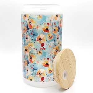 Modern Poppy Flowers Frosted Glass Can, With Bamboo Lid & Straw, 16 Oz ...