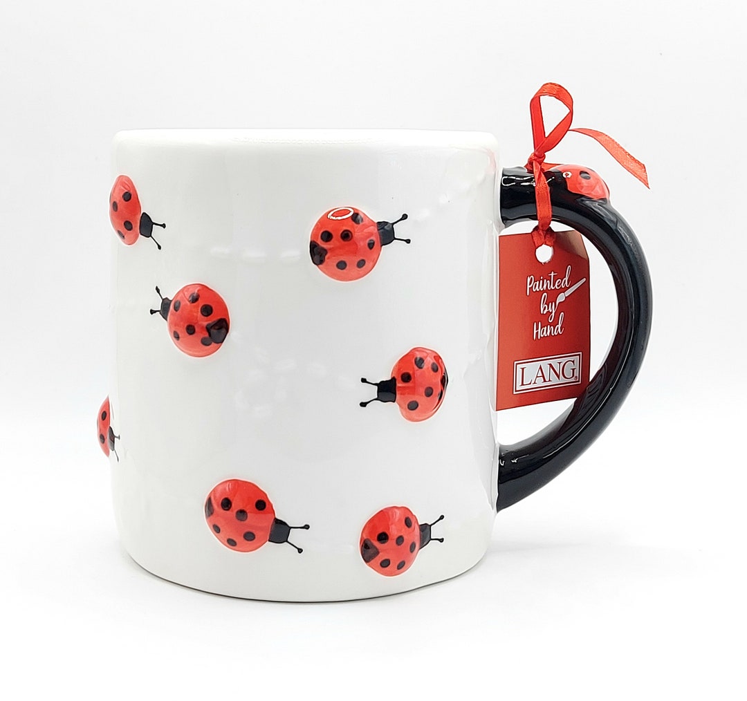 Hand-painted Ladybugs Coffee Tea Mug Cup 18 Oz Ceramic White, Cute ...