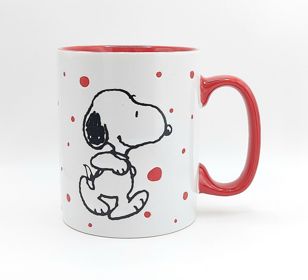 Peanuts Cute Snoopy Mug Cup 16 Oz Ceramic White & Dotted Red ...