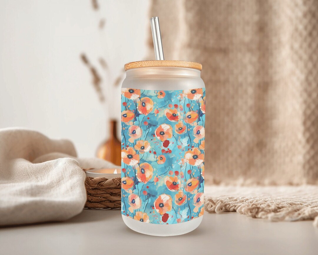 Modern Poppy Flowers Frosted Glass Can, With Bamboo Lid & Straw, 16 Oz ...