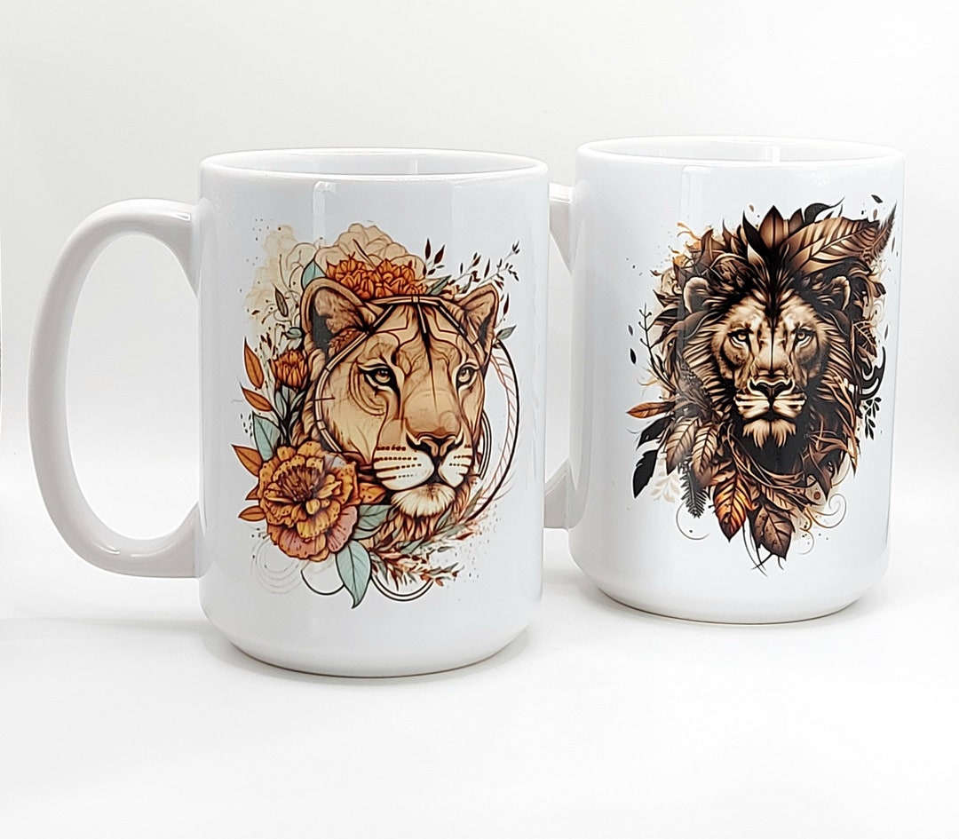 Set of Lion & Lioness Mug, Be Fearless Coffee Tea Mug, 15 Oz Ceramic ...