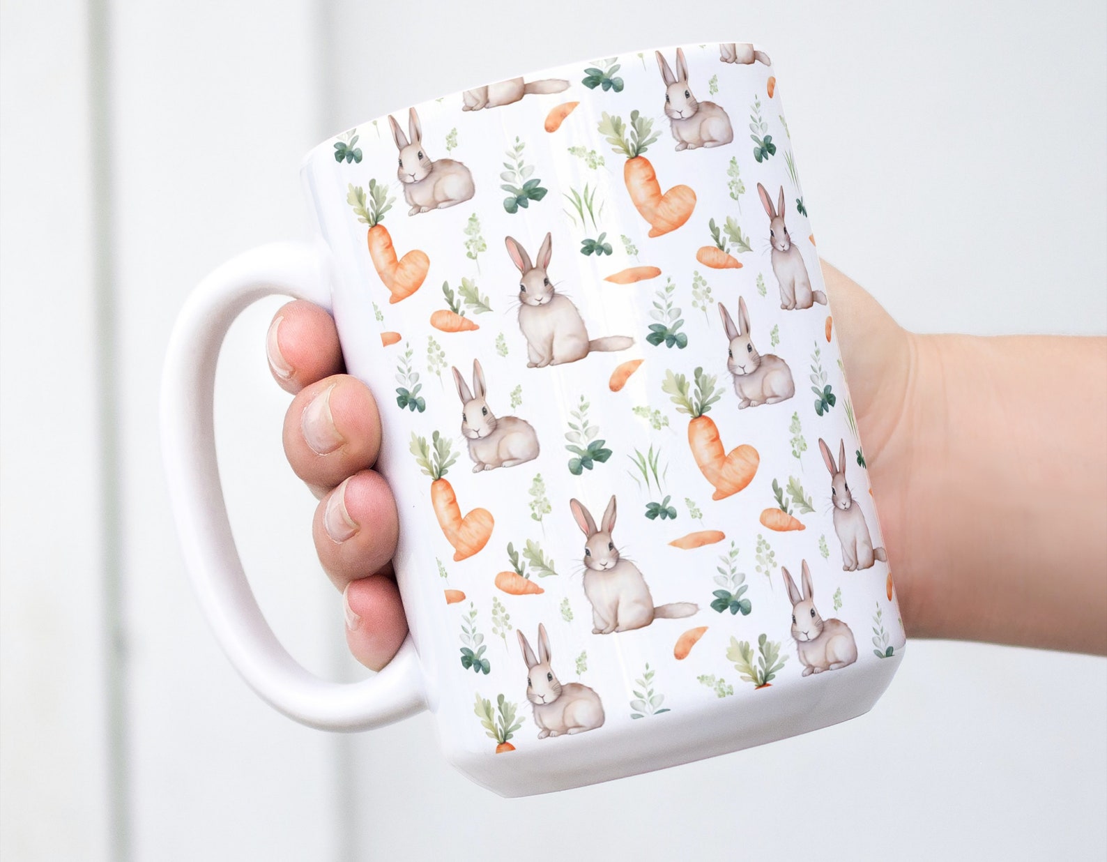 Cute Bunny & Carrots Coffee Tea Mug Cup, 15 Oz Ceramic Mug, Happy Bunny ...