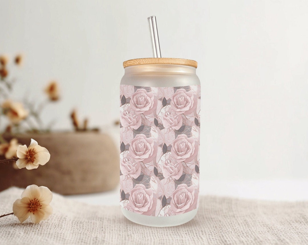 Pink Roses & Quartz Frosted Glass Can, With Bamboo Lid and Straw, 16 Oz ...