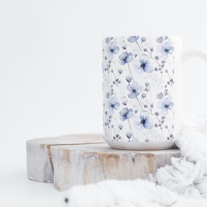 Watercolor Blue Flowers Coffee Tea Mug Cup 15 Oz Ceramic, Rock Cress ...