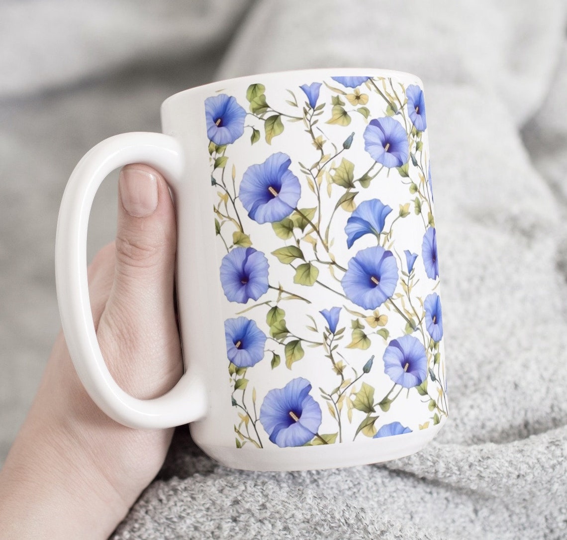 Blue Morning Glory Garden Coffee Tea Mug Cup 15 Oz Ceramic White, Gift ...