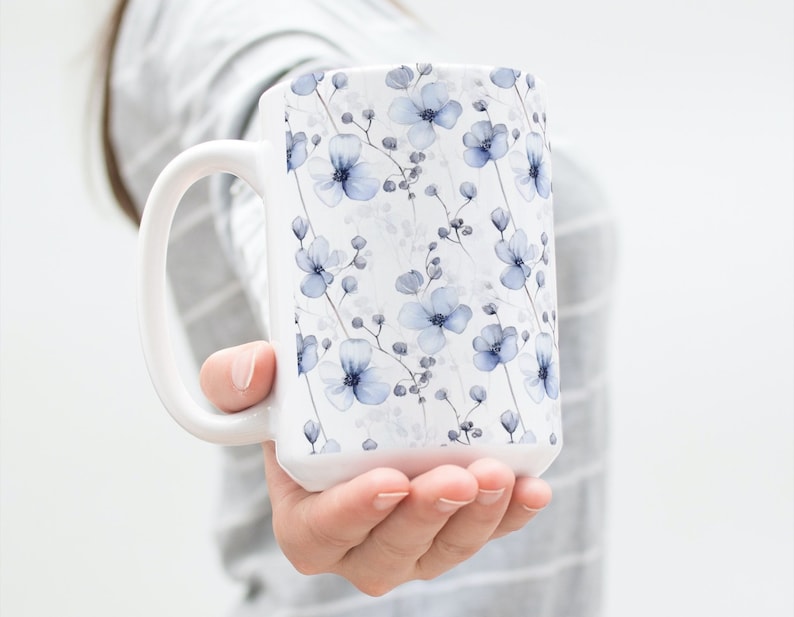 Watercolor Blue Flowers Coffee Tea Mug Cup 15 Oz Ceramic, Rock Cress ...