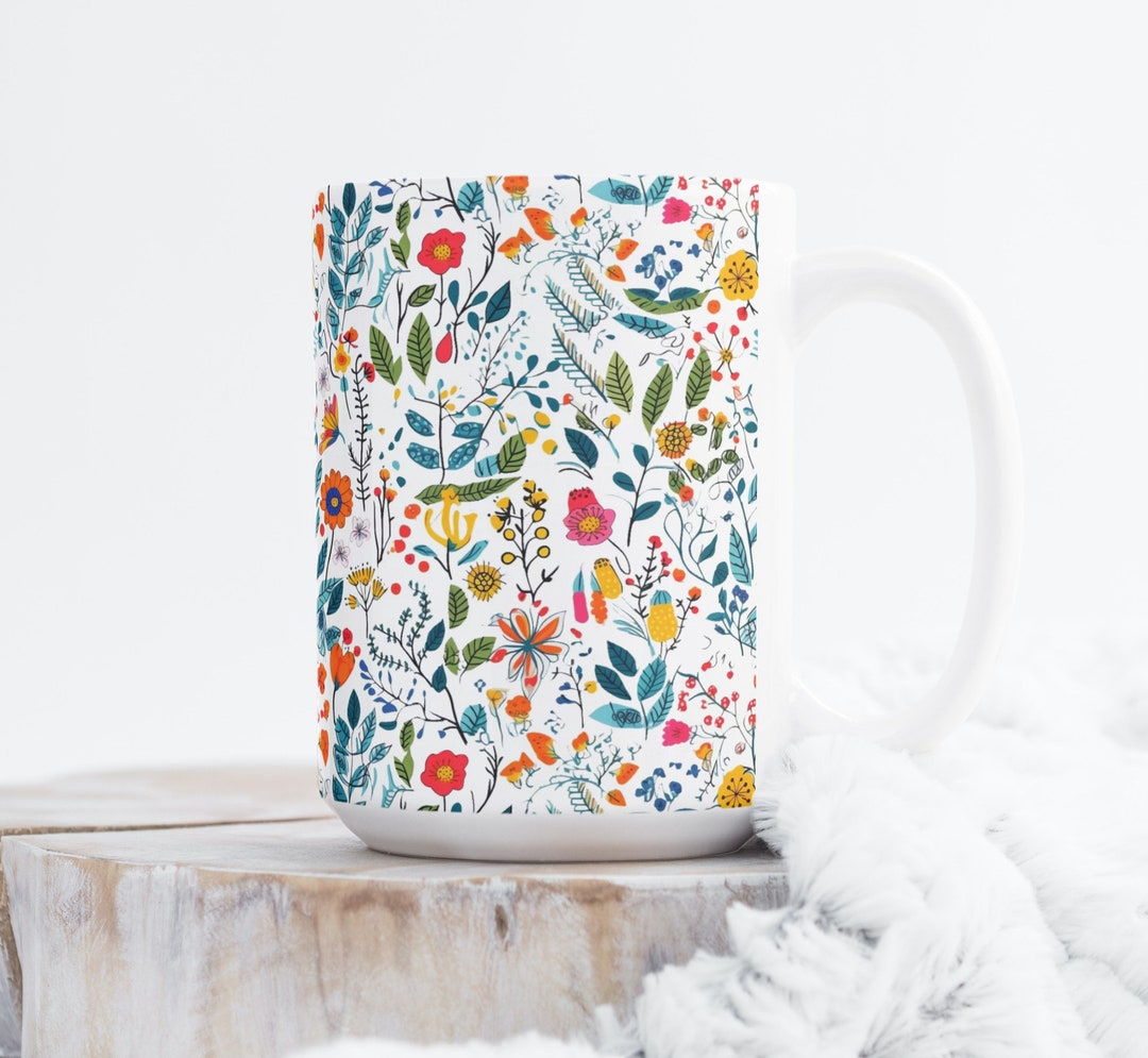 Colorful Spring Garden Coffee Tea Mug Cup 15 Oz Ceramic, Floral Pattern ...