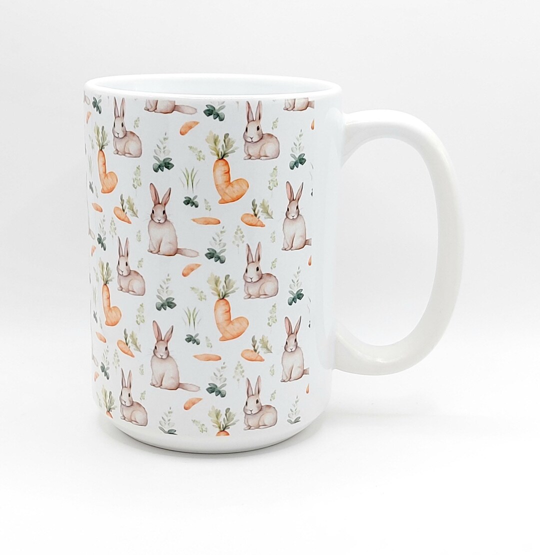 Cute Bunny & Carrots Coffee Tea Mug Cup, 15 Oz Ceramic Mug, Happy Bunny ...