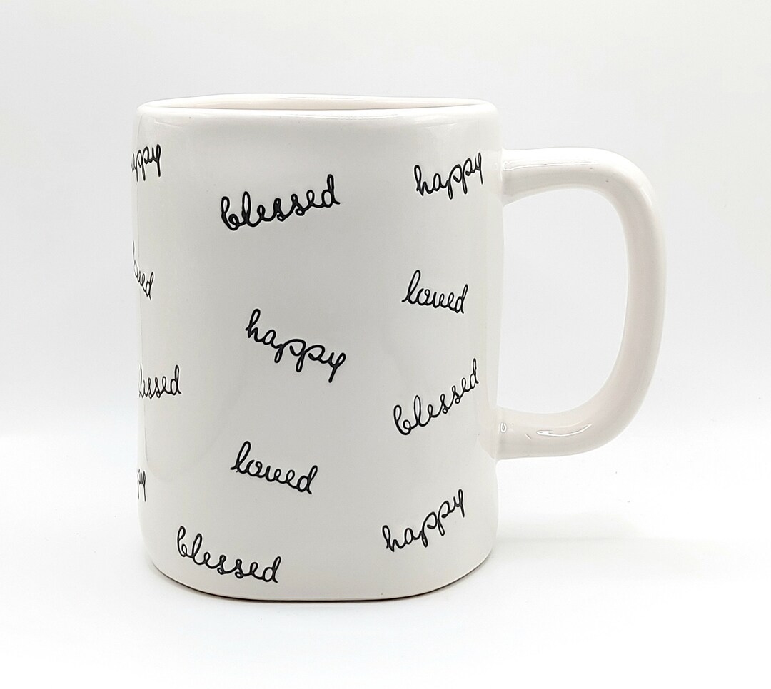 Rae Dunn Happy Loved Blessed Cursive Lettering Coffee Tea Mug Cup 18 Oz ...