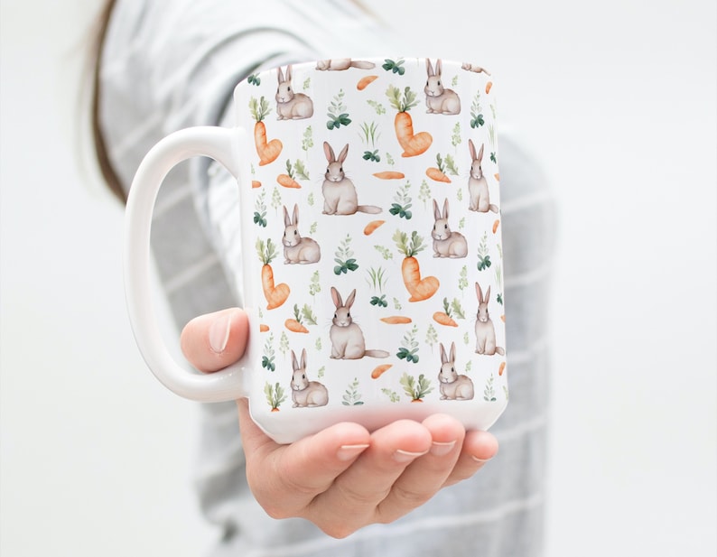 Cute Bunny & Carrots Coffee Tea Mug Cup, 15 Oz Ceramic Mug, Happy Bunny ...