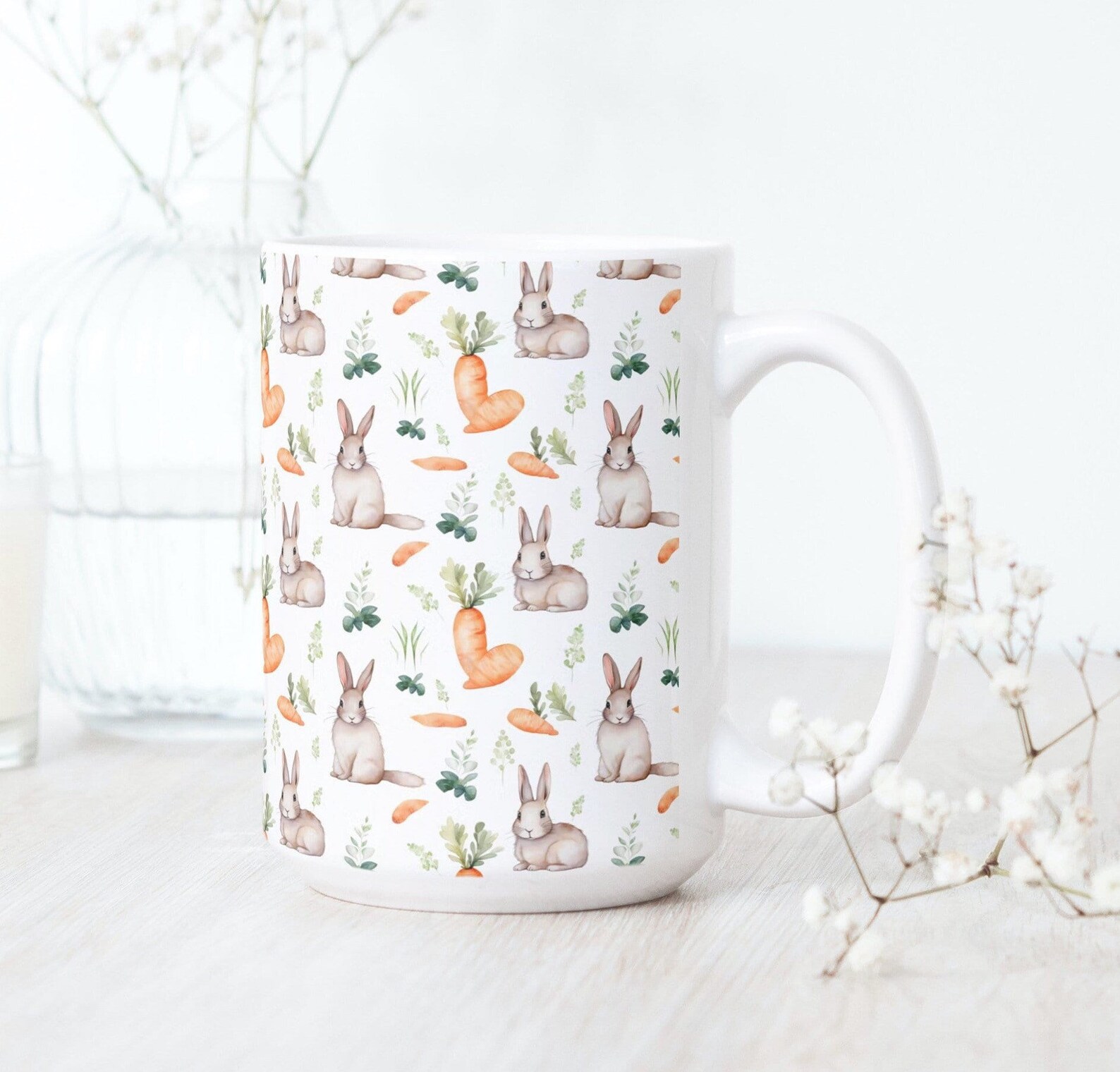 Cute Bunny & Carrots Coffee Tea Mug Cup, 15 Oz Ceramic Mug, Happy Bunny ...