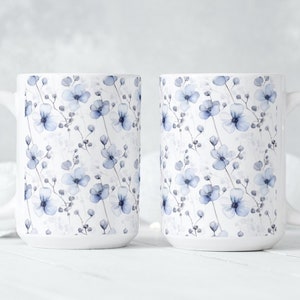 Watercolor Blue Flowers Coffee Tea Mug Cup 15 Oz Ceramic, Rock Cress ...