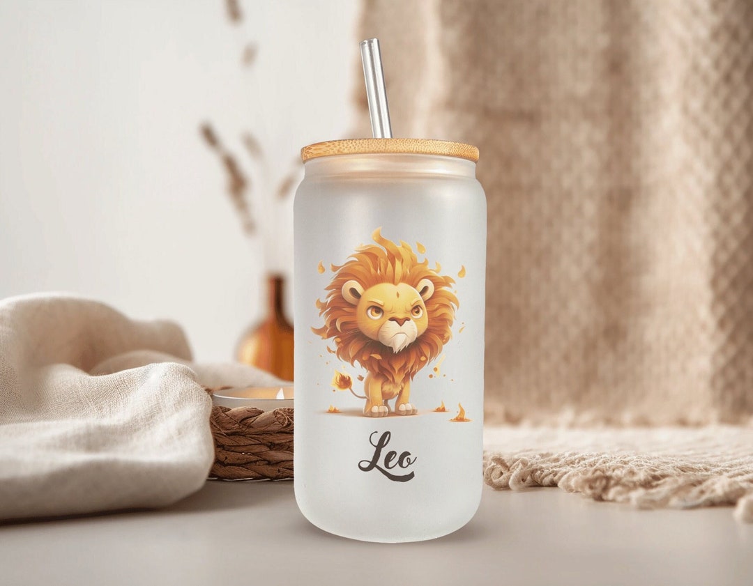 Leo Zodiac Sign Frosted Glass Can With Bamboo Lid 16 Oz Glass Cup ...