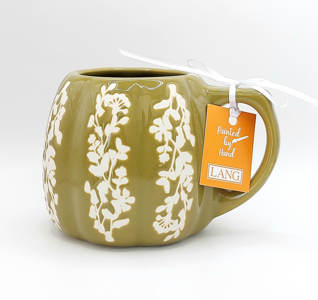 FLORAL PUMPKIN Coffee Tea Mug Cup 16 Oz Ceramic Green Olive, Engraved ...