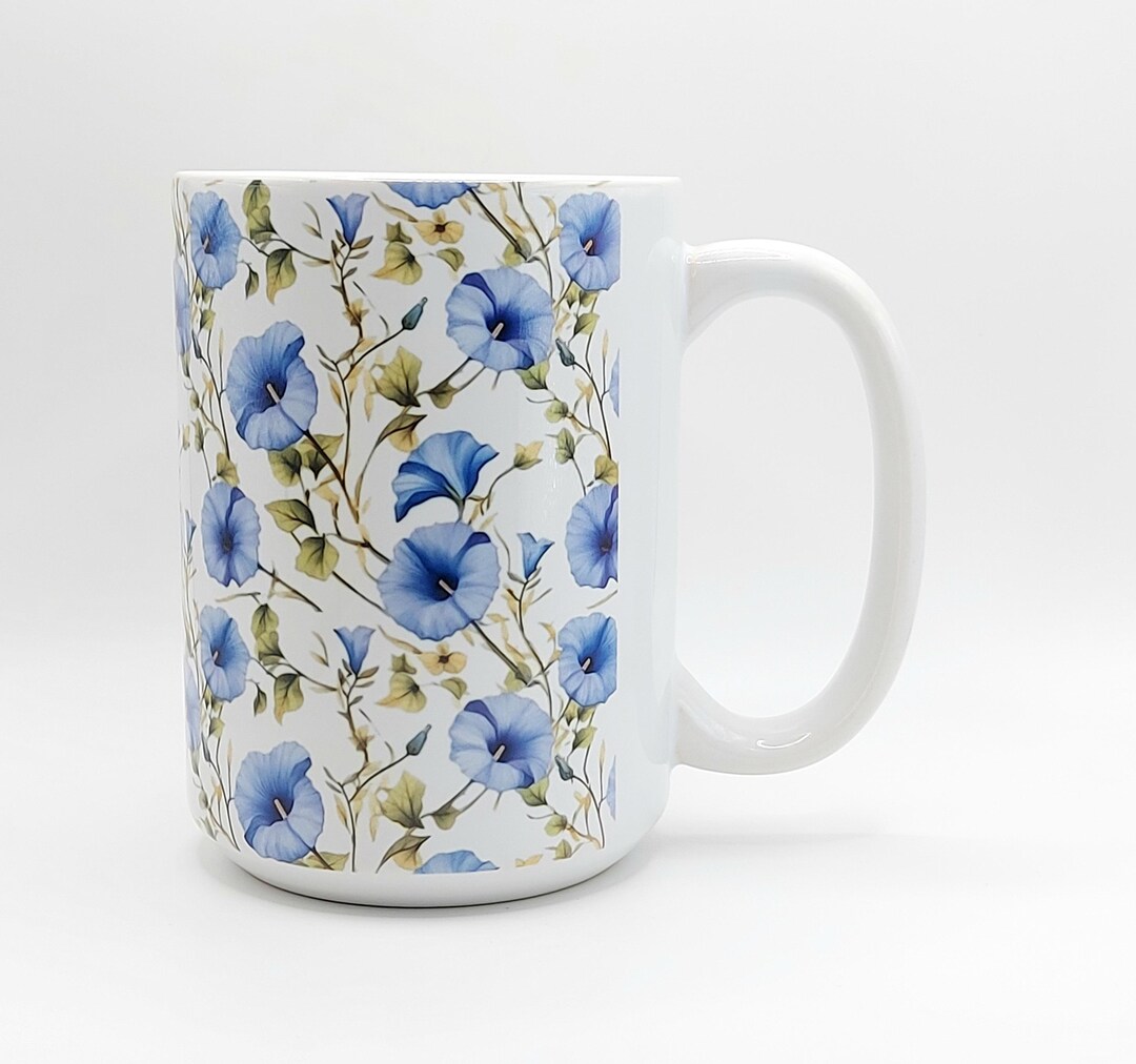 Blue Morning Glory Garden Coffee Tea Mug Cup 15 Oz Ceramic White, Gift ...