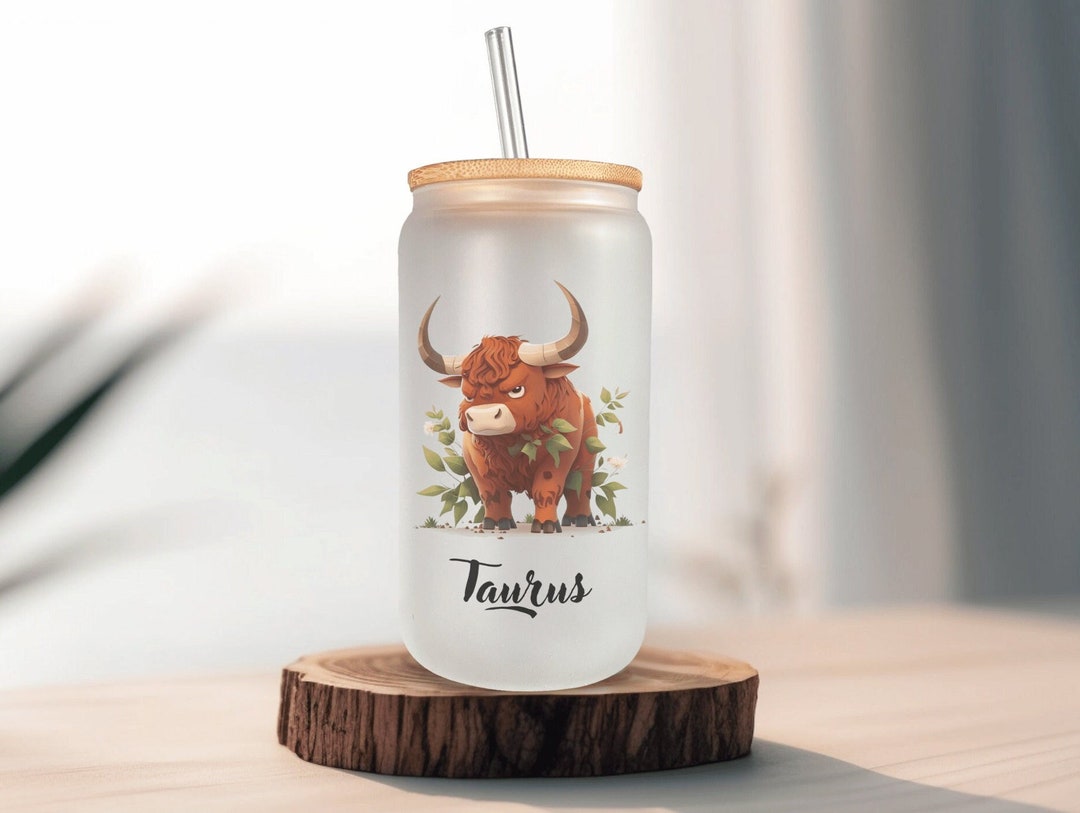 Taurus Zodiac Sign Frosted Glass Can With Bamboo Lid 16 Oz Libbey Glass ...