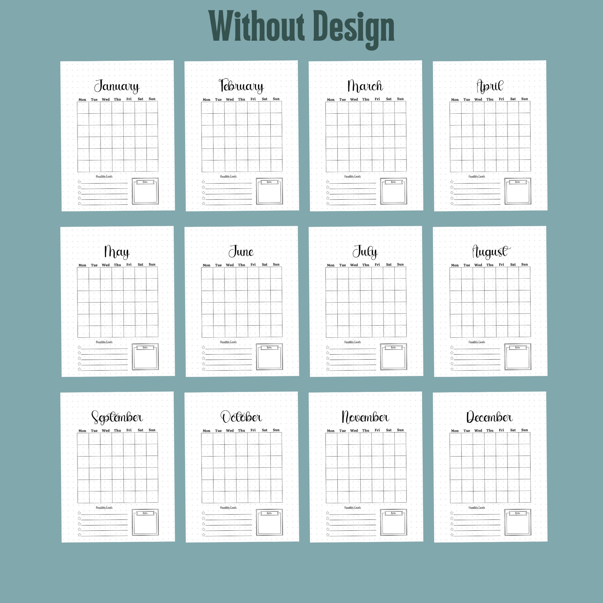 12 Month Calendar Pages A5 Journal Monthly Calendar Template Monthly ...
