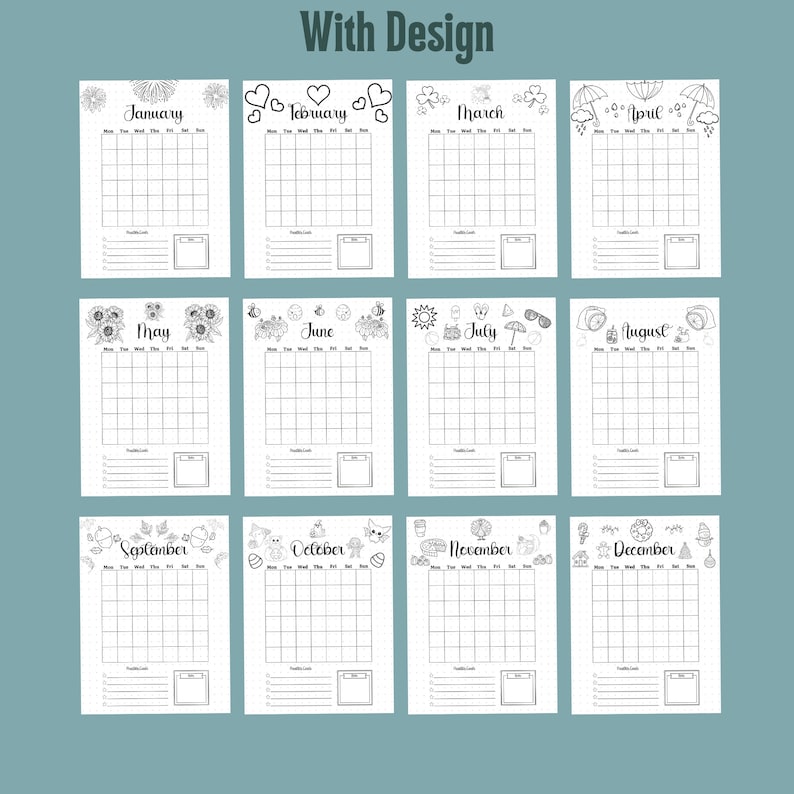 12 Month Calendar Pages A5 Journal Monthly Calendar Template Monthly ...